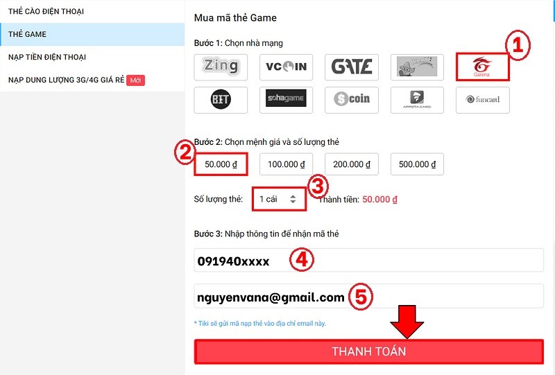 Cách mua thẻ cào game Garena, Soha, Zing online trên Tiki đơn giản