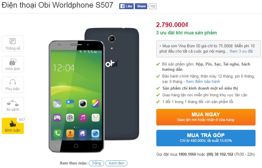 Smartphone Obi Worldphone với camera 8/13 MP giá 2.8 triệu