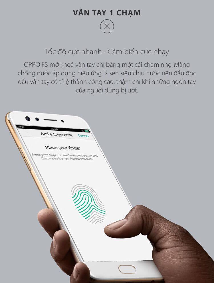 OPPO F3 trang bị phím home cảm ứng lực, vân tay 1 chạm
