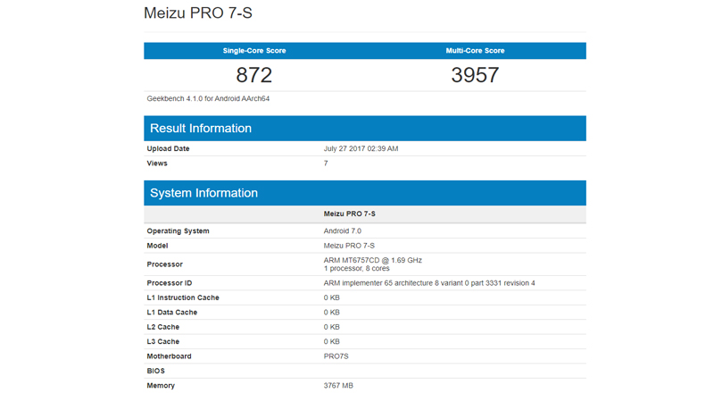 Meizu Pro 7 phiên bản Helio P25 xuất hiện trên geekbench