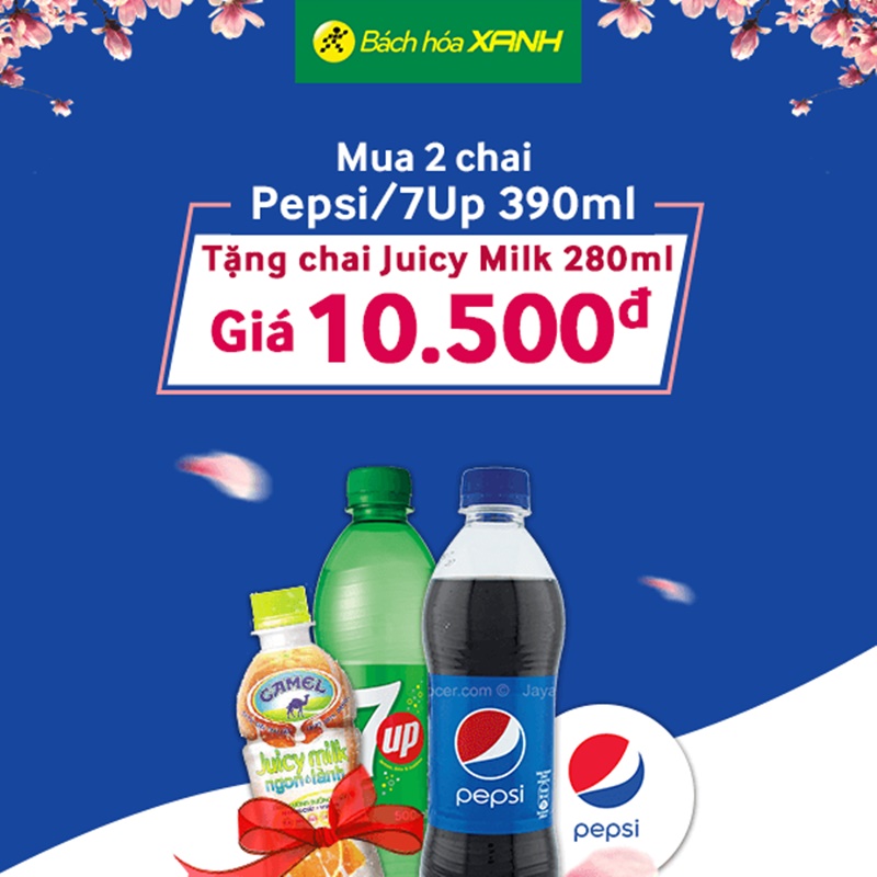 Mua 2 chai Pepsi/7Up 390ml tặng 1 chai Juicy Milk 280ml giá 10.500đ