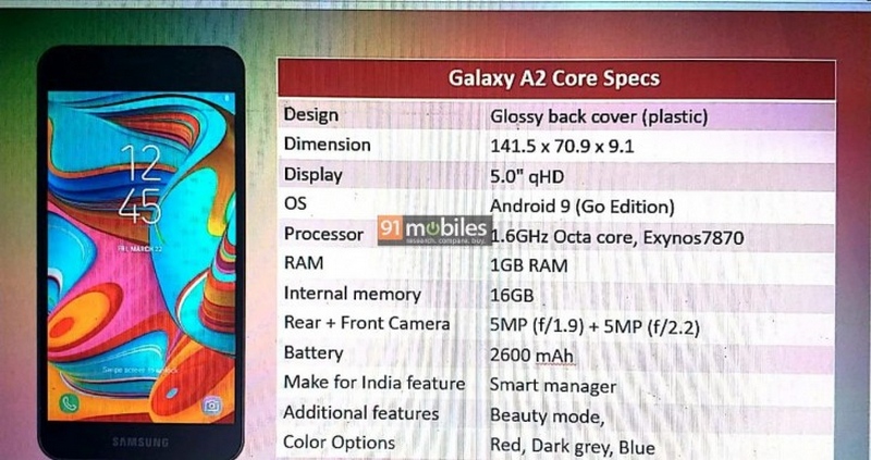 Galaxy A2 Core lộ cấu hình chi tiết kèm giá bán hấp dẫn