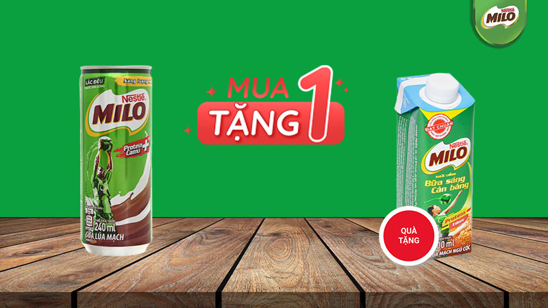 Từ ngày 15/3 - 31/3/2022, mua 1 lon Milo 240ml tặng 1 hộp Milo nắp vặn ...