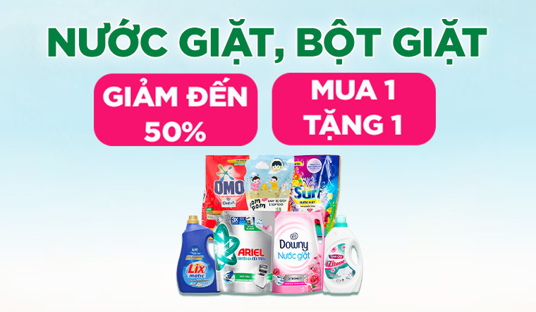Từ 01/7 - 31/7/2023, bột giặt, nước giặt giảm đến 50%, mua 1 tặng 1
