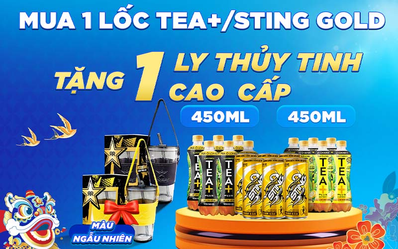 Mua 1 lốc Tea+ 450ml/Sting Gold tặng ngay 1 ly thủy tinh cao cấp