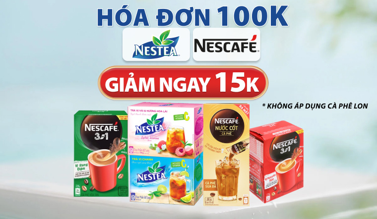 Từ 29/1 - 9/2/2024, giảm ngay 15k khi mua hóa đơn 100k Nescafe, Nestea