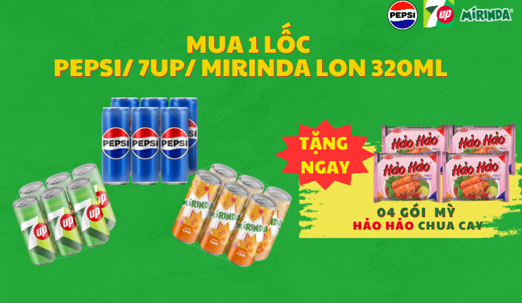 Mua 1 lốc Pepsi/7 up/Mirinda tặng 4 gói mì Hảo Hảo chua cay