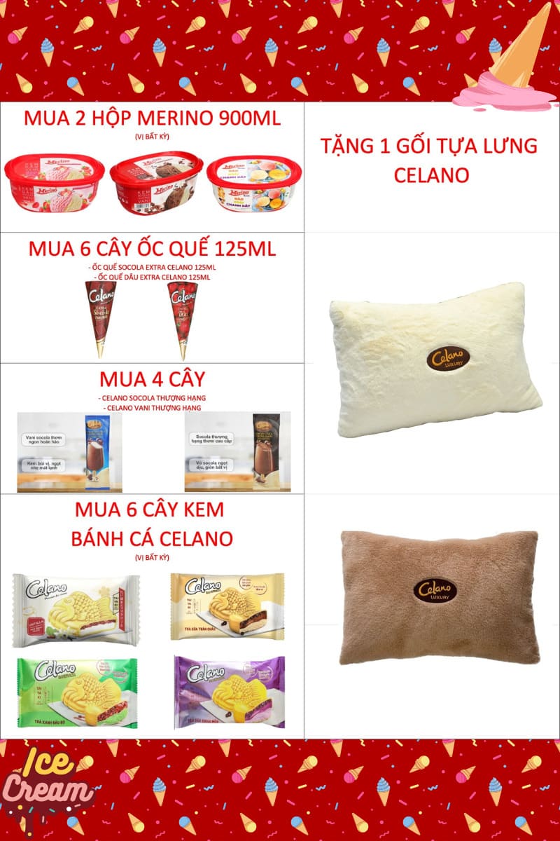 Từ 28/05 - 01/06/2024, tủ kem đồng giá 9k, mua kem Celano được tặng gối tựa lưng