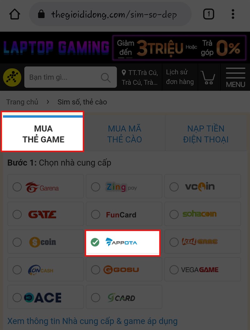 Cách mua thẻ game APPOTA tại TGDĐ, chiết khấu cao 2%, giá rẻ