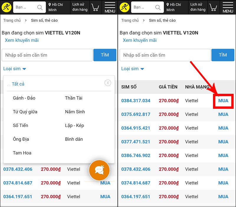 Hướng dẫn mua SIM online tại website TGDD: SIM Viettel, Mobifone, Vina