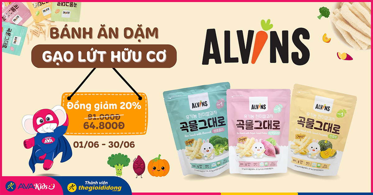 Bánh ăn dặm gạo lứt hữu cơ Alvins đồng giảm 20%. Chốt đơn ngay!