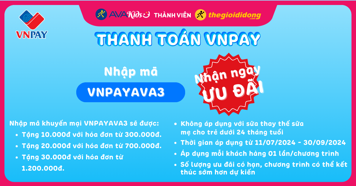 Nhập mã VNPay nhận ngay ưu đãi hấp dẫn lên đến 30.000đ tại AVAKids