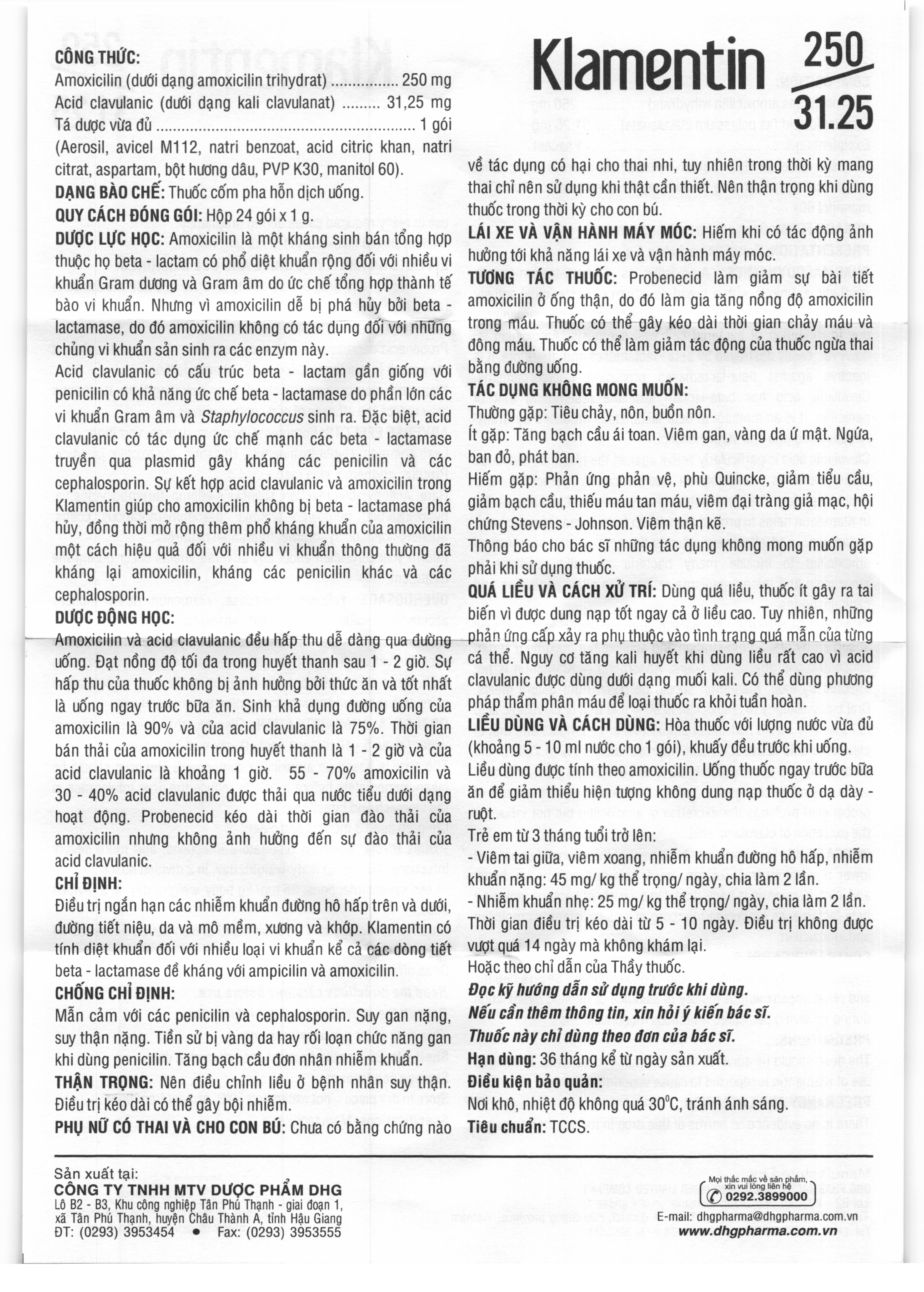 Thuốc kháng sinh Klamentin 250mg/31.25mg hộp 24 gói