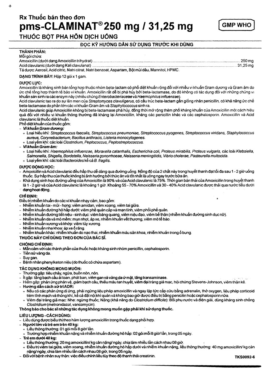 Thuốc kháng sinh pms-Claminat 250mg/31.25mg hộp 12 gói
