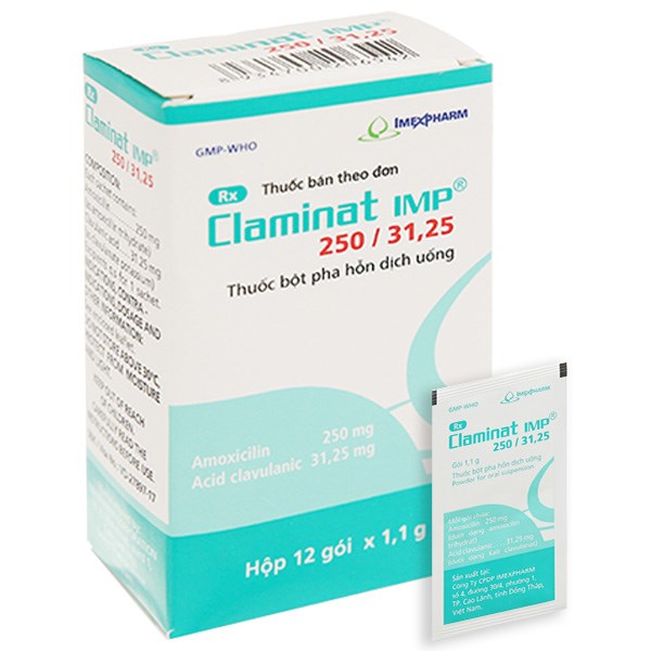Bột pha hỗn dịch uống Claminat IMP 250/31.25 trị nhiễm khuẩn (12 gói x ...