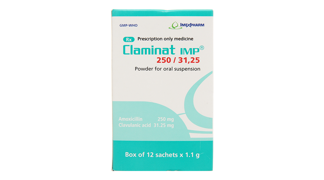 Bột pha hỗn dịch uống Claminat IMP 250/31.25 trị nhiễm khuẩn (12 gói x ...