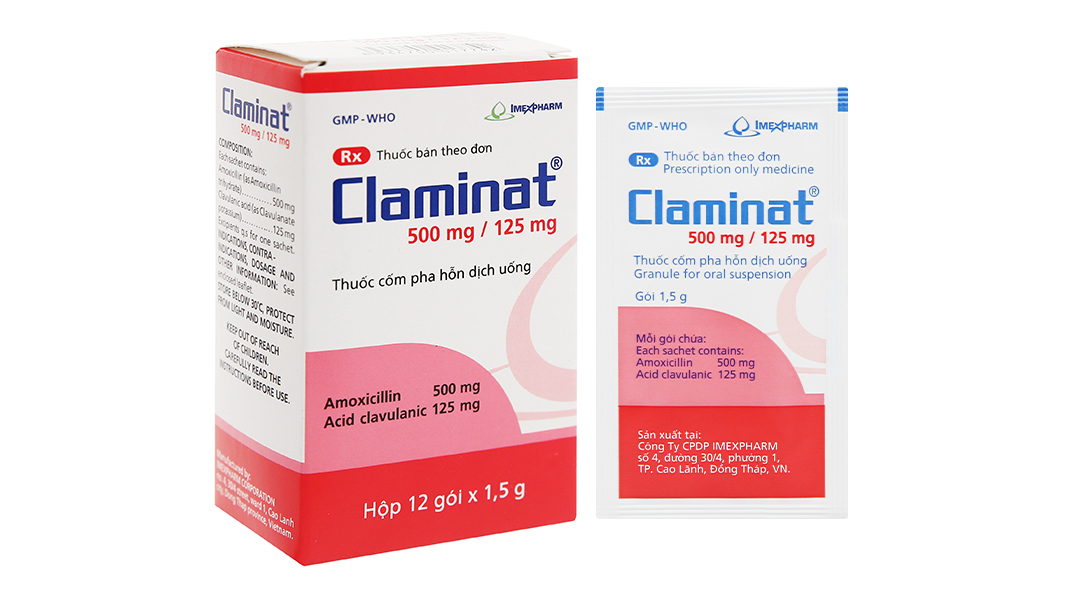 Cốm pha hỗn dịch uống Claminat 500mg/125mg trị nhiễm khuẩn (12 gói x 1 ...