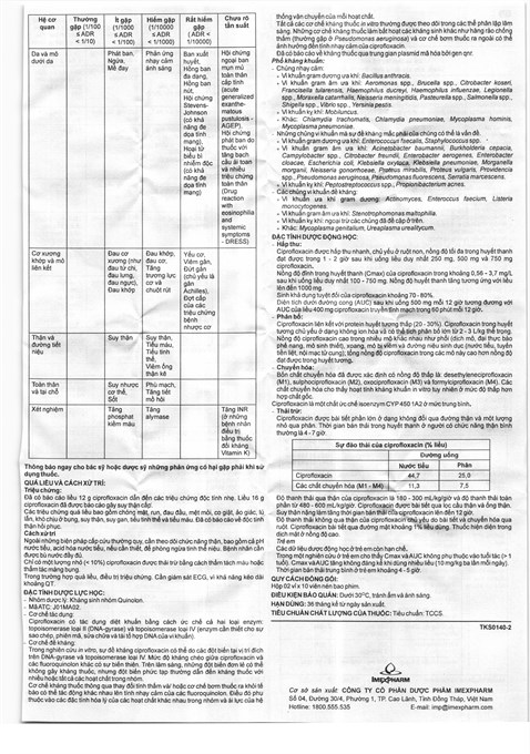 Ciprofloxacin Imexpharm 500mg trị nhiễm khuẩn (2 vỉ x 10 viên) 03/2023 ...