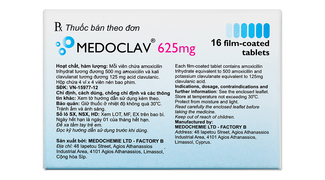 Medoclav 625mg trị các trường hợp nhiễm khuẩn (4 vỉ x 4 viên) - 07/2024 ...