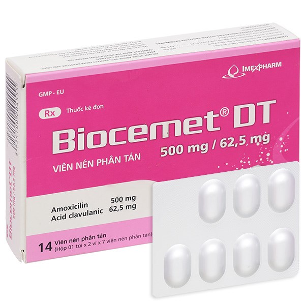 Biocemet DT 500mg/62,5mg trị nhiễm khuẩn do vi khuẩn nhạy cảm (2 vỉ x 7 ...