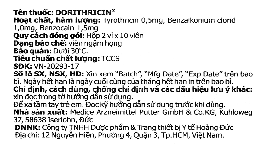 Viên ngậm Dorithricin trị viêm họng, đau họng (2 vỉ x 10 viên) - 08/ ...