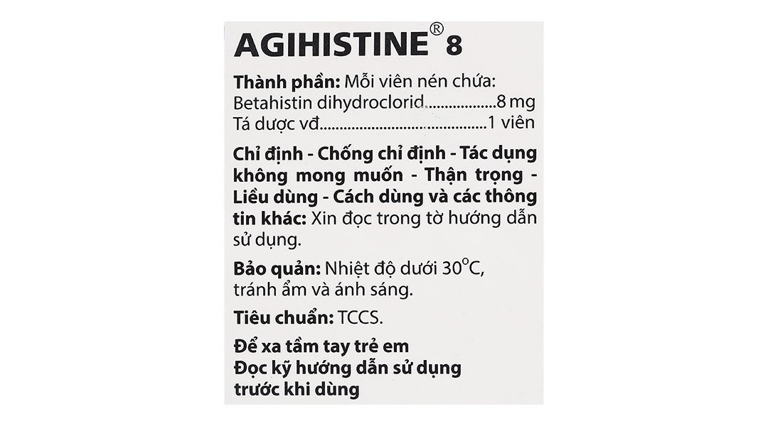 Agihistine 8 trị hội chứng hội chứng Ménière (5 vỉ x 20 viên) - 07/2024 ...