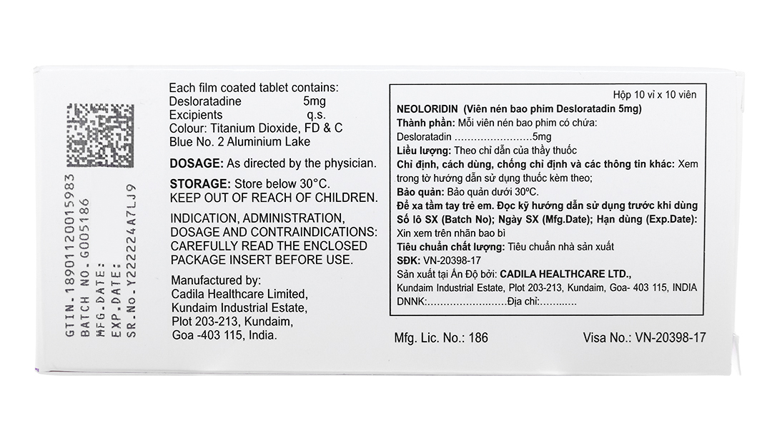 Neoloridin 5mg trị viêm mũi dị ứng, mày đay (10 vỉ x 10 viên) - 08/2024 ...