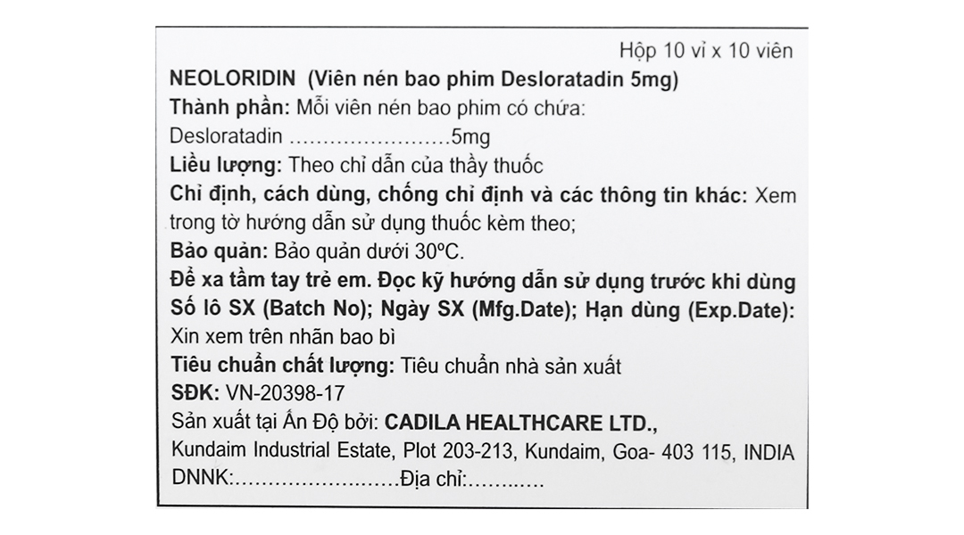 Neoloridin 5mg trị viêm mũi dị ứng, mày đay (10 vỉ x 10 viên) - 08/2024 ...