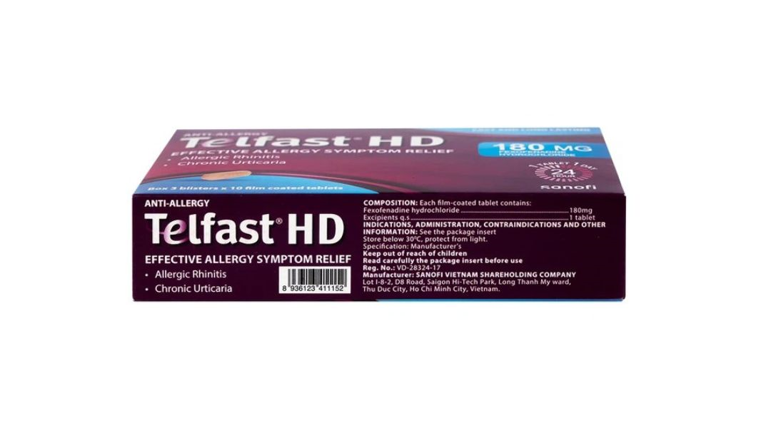 Telfast HD 180mg trị viêm mũi dị ứng, mề đay vô căn mạn tính (3 vỉ x 10 ...