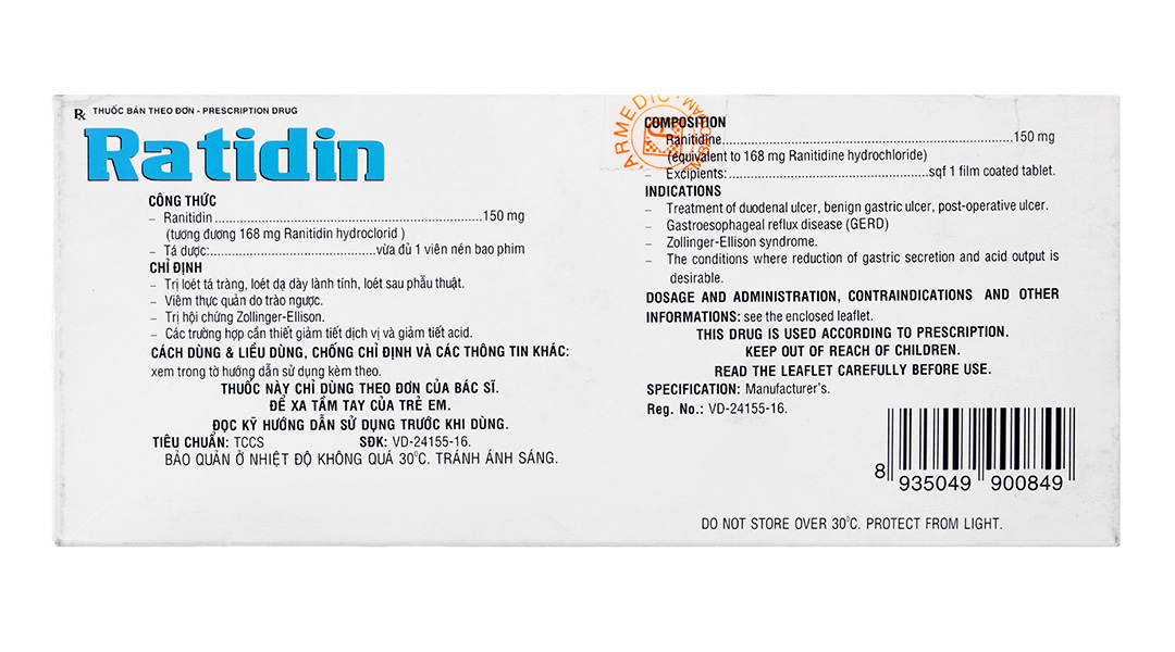 Ratidin 150mg trị viêm loét, trào ngược dạ dày, tá tràng (10 vỉ x 10 ...