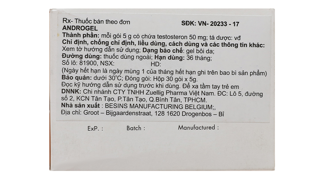 Gel bôi Androgel 50mg bổ sung testosterone hộp 30 gói - 08/2024 ...