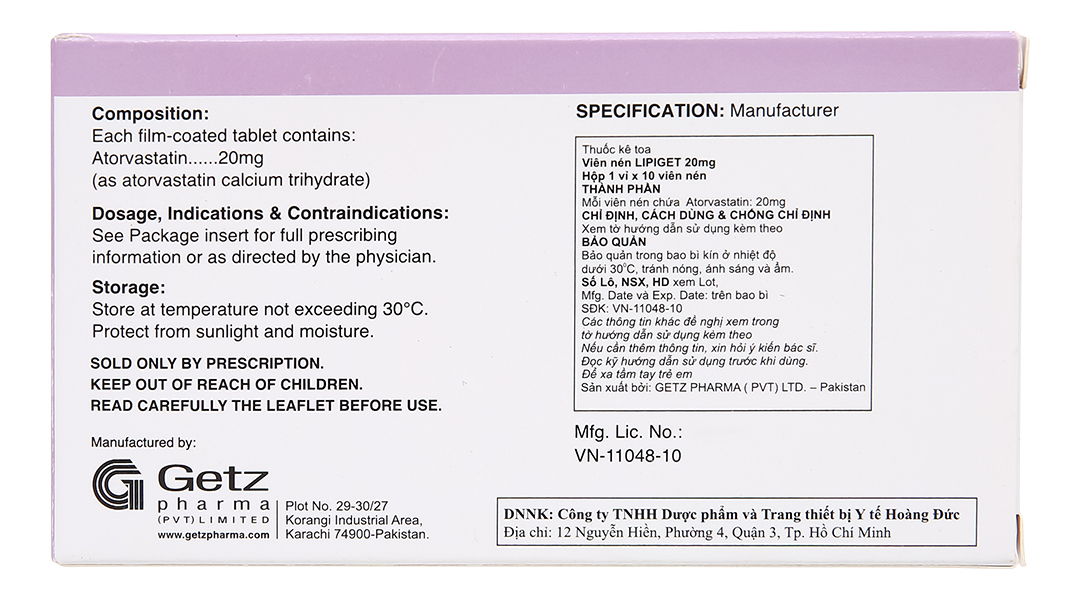 Lipiget 20mg giúp làm giảm cholesterol toàn phần (1 vỉ x 10 viên) - 06/ ...