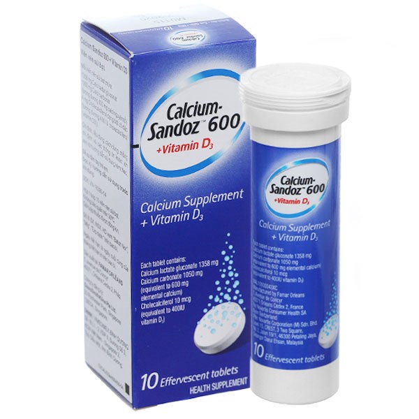 Viên nén sủi bọt Calcium Sandoz 600 + Vitamin D3 trị loãng xương tuýp ...