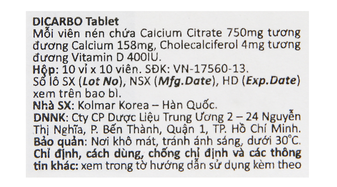 Dicarbo bổ sung canxi và vitamin D, ngừa loãng xương (10 vỉ x 10 viên ...