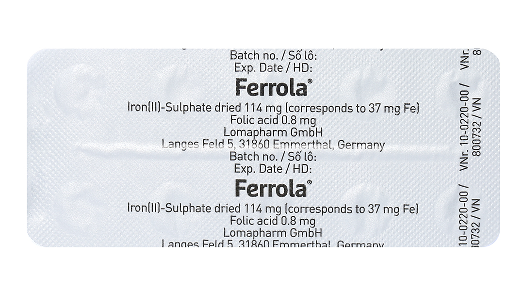 Ferrola bổ sung sắt và axit folic, trị thiếu máu (5 vỉ x 10 viên) - 08/ ...