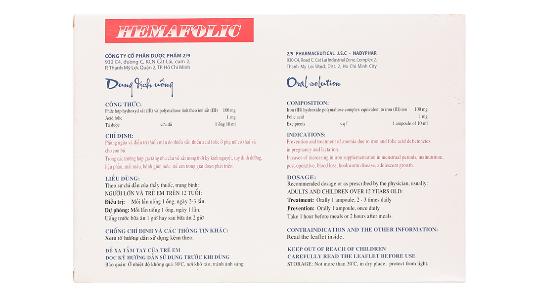 Thuốc Hemafolic ngăn ngừa và trị thiếu máu do thiếu sắt Ống 10ml - 07/ ...