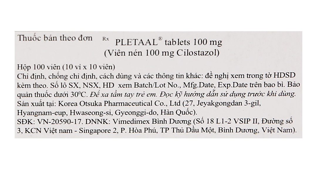 Pletaal Tablets 100mg trị thiếu máu cục bộ (10 vỉ x 10 viên) - 08/2024 ...