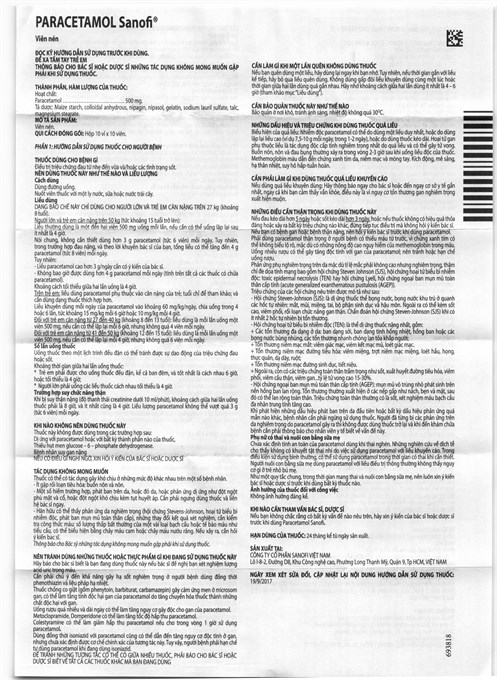 Thuốc Paracetamol Sanofi 500mg hôp 100 viên-Nhà thuốc An Khang