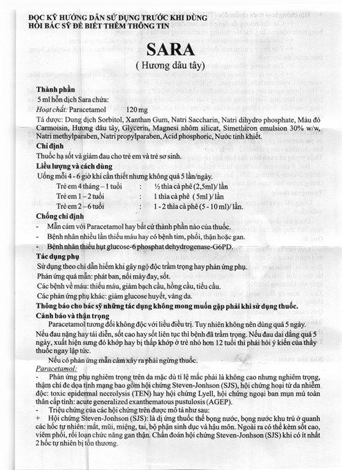 Hỗn dịch uống Sara hương dâu 120mg/5ml giảm đau, hạ sốt chai 60ml 03/ ...