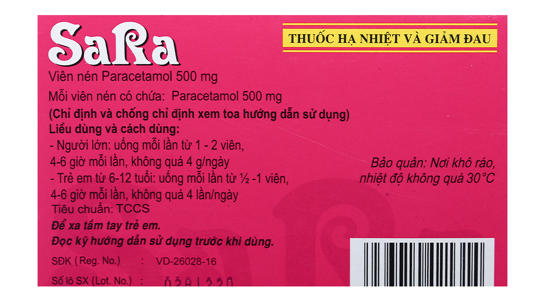 Sara 500mg giảm đau, hạ sốt (20 vỉ x 10 viên) 03/2023 - Nhathuocankhang.com