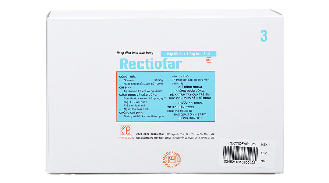 Dung dịch bơm trực tràng trị táo bón Rectiofar 3ml hộp 50 ống