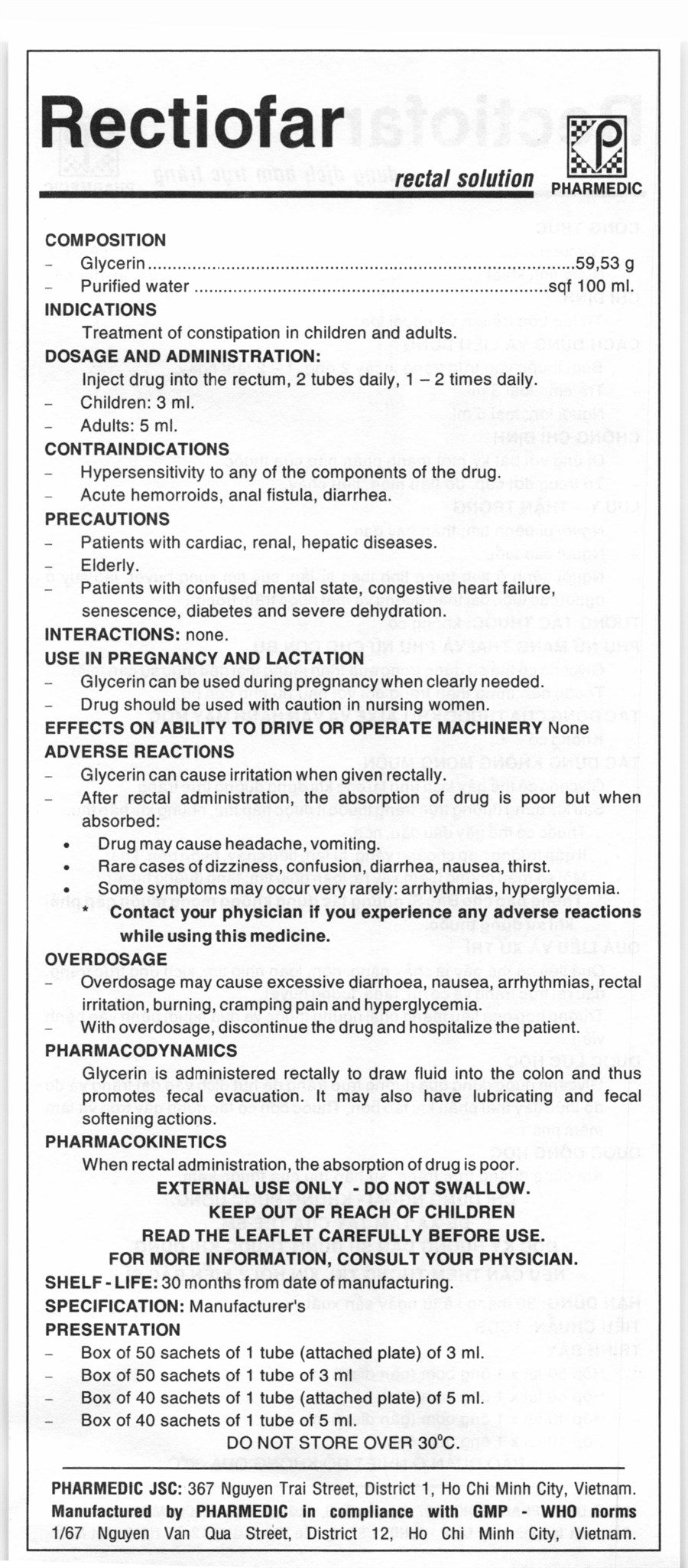 Dung dịch bơm trực tràng trị táo bón Rectiofar 3ml hộp 50 ống