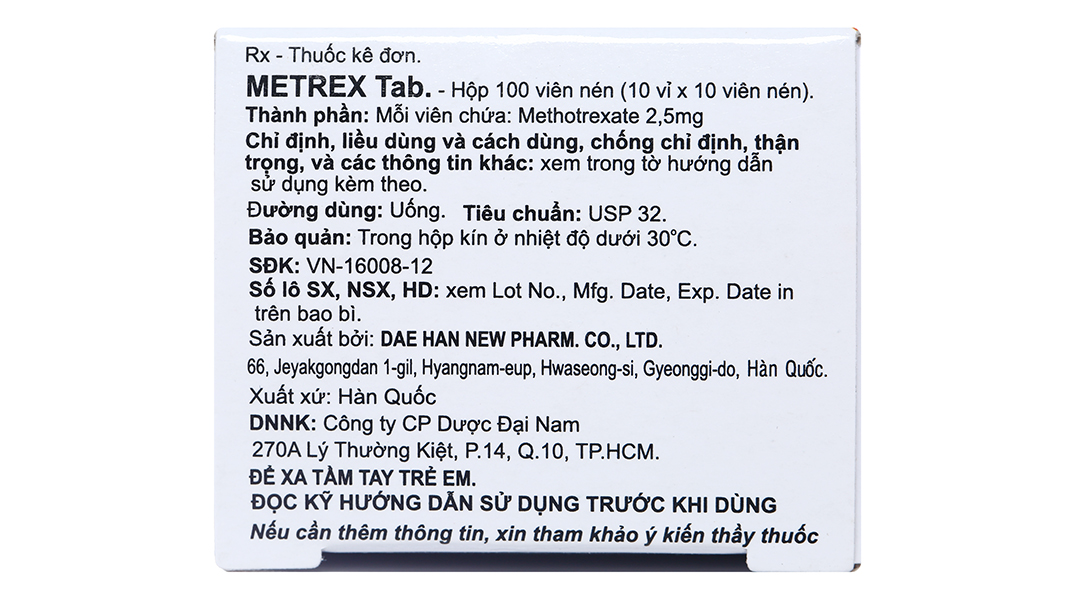 Metrex Tab 2.5mg trị khối u, vảy nến, viêm khớp dạng thấp (10 vỉ x 10 ...