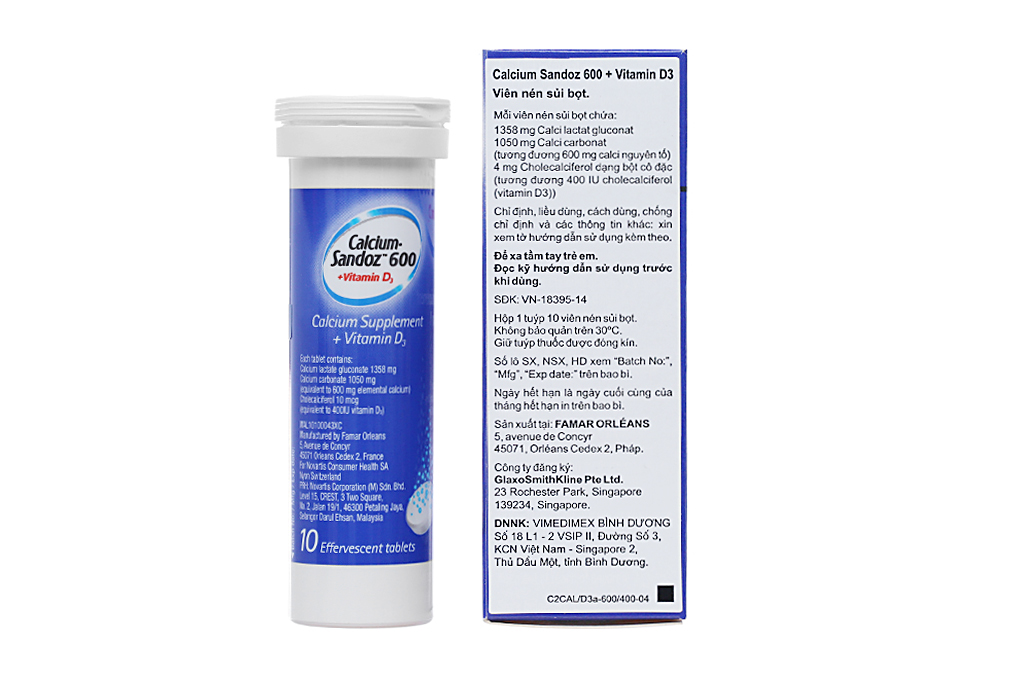Viên sủi Calcium Sandoz 600 + Vitamin D3 tuýp 10 viên