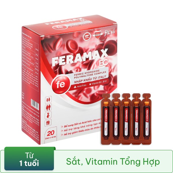 Ống uống Feramax BC bổ sung sắt và acid folic cho cơ thể hộp 20 ống x ...