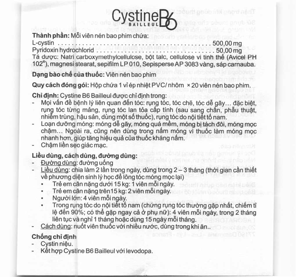 Cystine B6 Bailleul trị rụng tóc, gãy móng (1 vỉ x 20 viên) 03/2023 - Nhathuocankhang.com