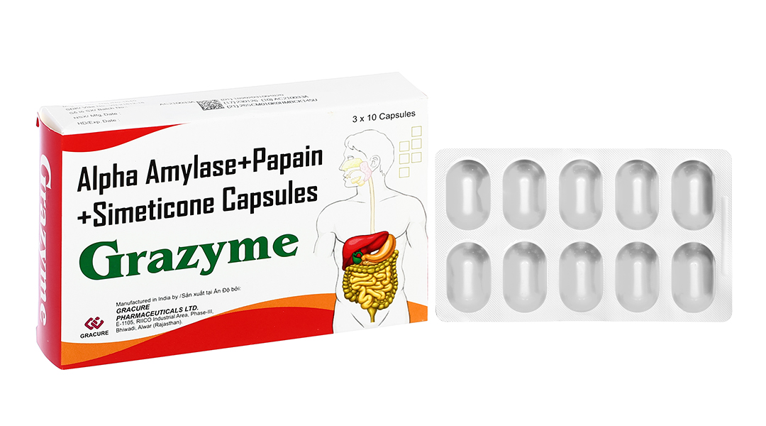 Grazyme trị đầy hơi, khó tiêu (3 vỉ x 10 viên) - 08/2024 ...