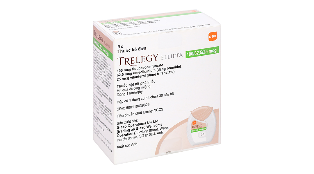 Bột hít phân liều Trelegy Ellipta 100/62,5/25 mcg giảm triệu chứng COPD ...