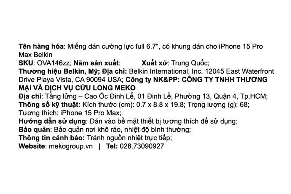 Miếng dán kính cường lực iPhone 15 Pro Max Belkin