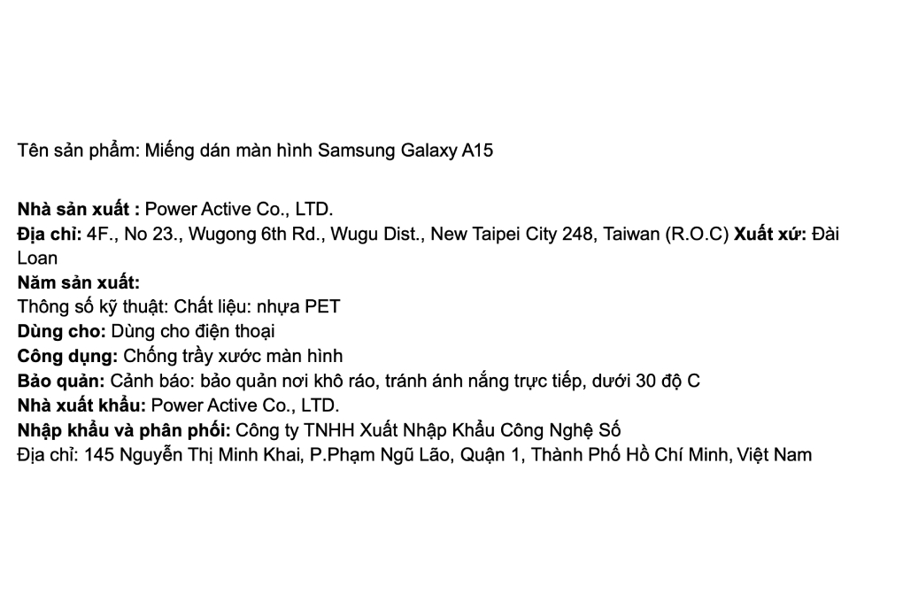 Miếng dán màn hình Samsung Galaxy A15 - PA